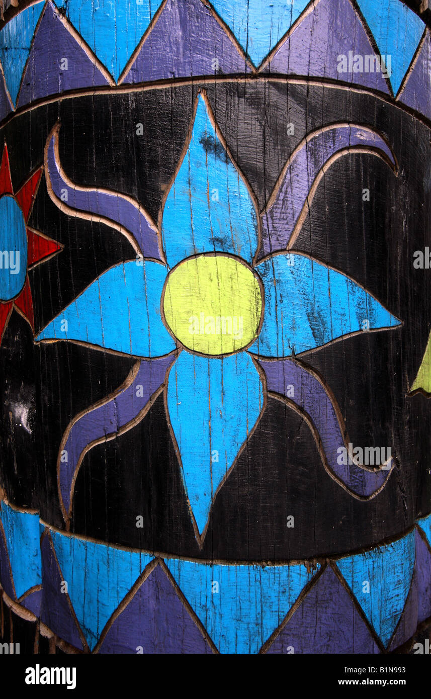 GRAPHIC DESIGN ON TIMBER TOTEM POLE IN FIJIAN TRIBAL VILLAGE VERTICAL ...