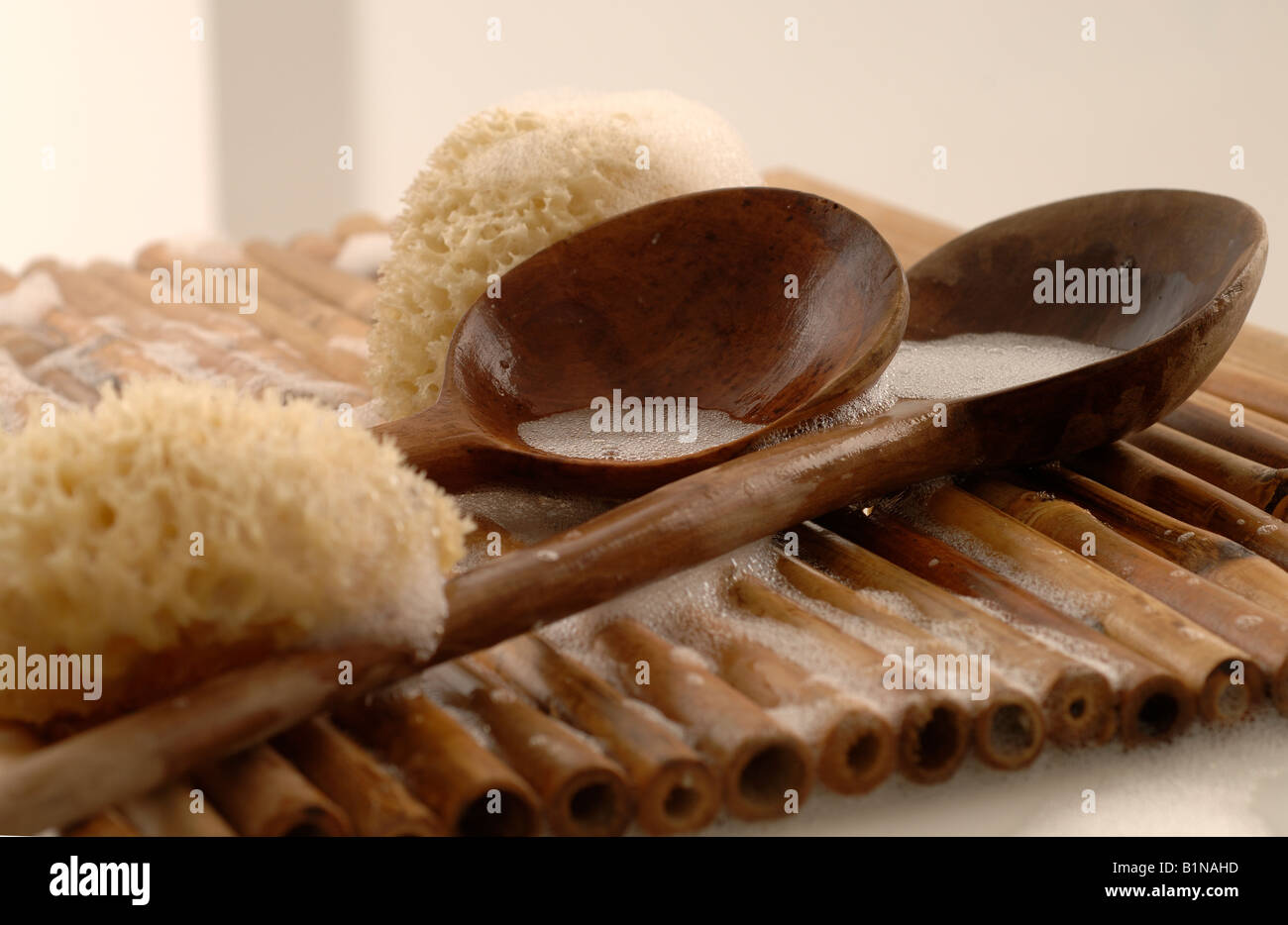 Sponges and two wooden spoons Stock Photo - Alamy