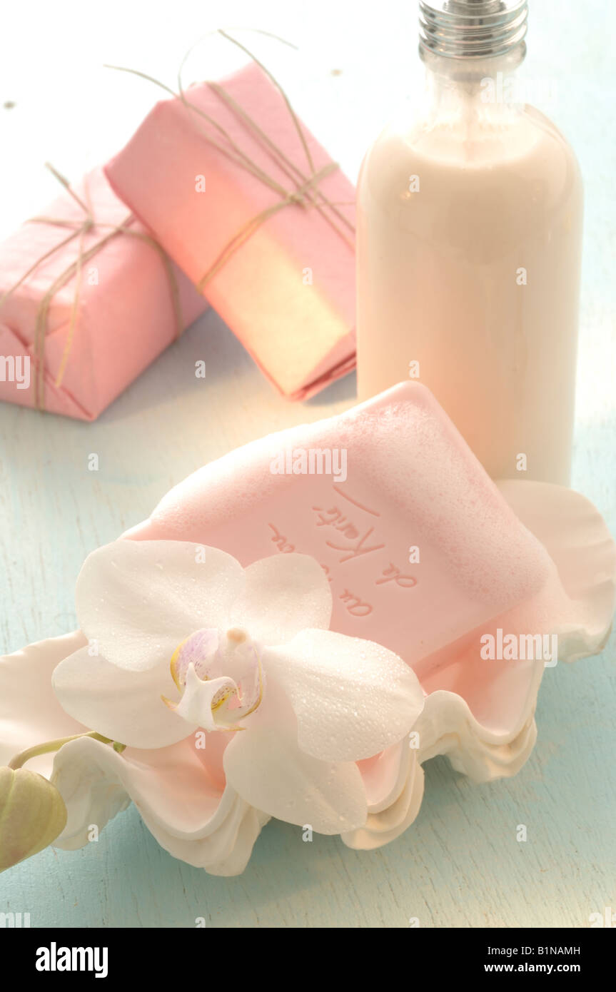 Pink soap and lotion Stock Photo - Alamy