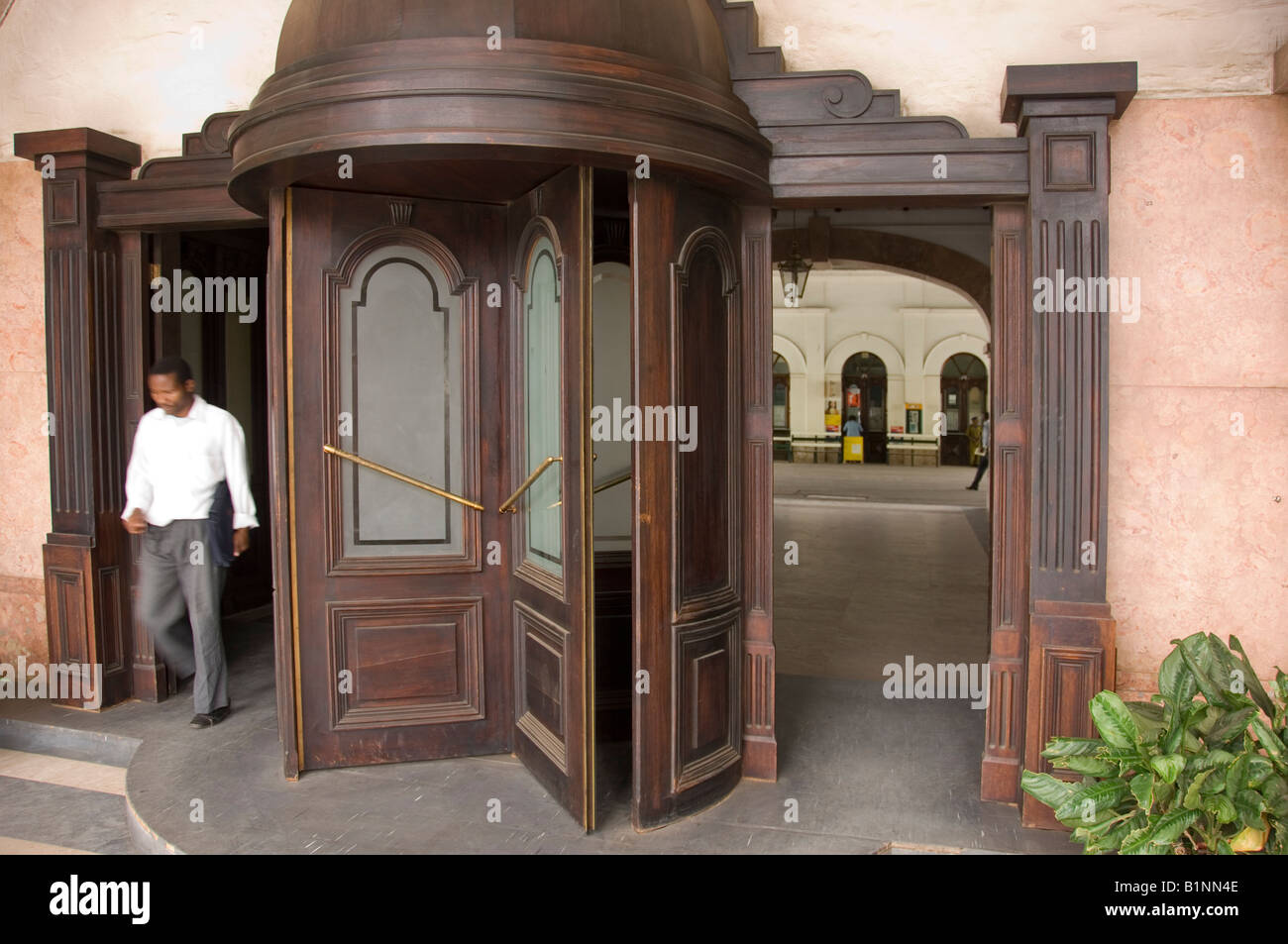 A revolving door at the entrance of the restored colonial central ...