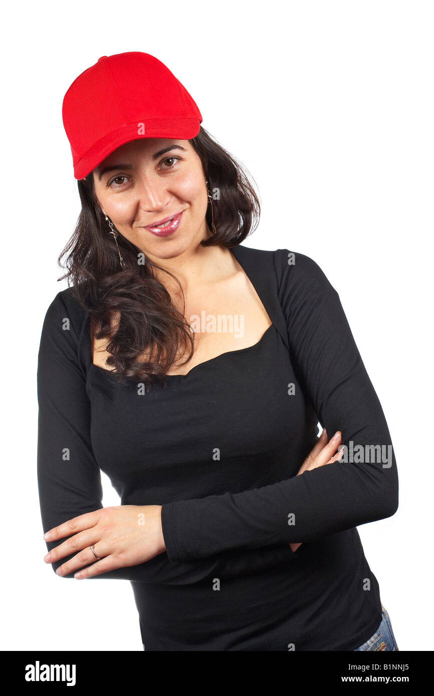 Smiling casual woman with a red cap on white background Stock Photo - Alamy