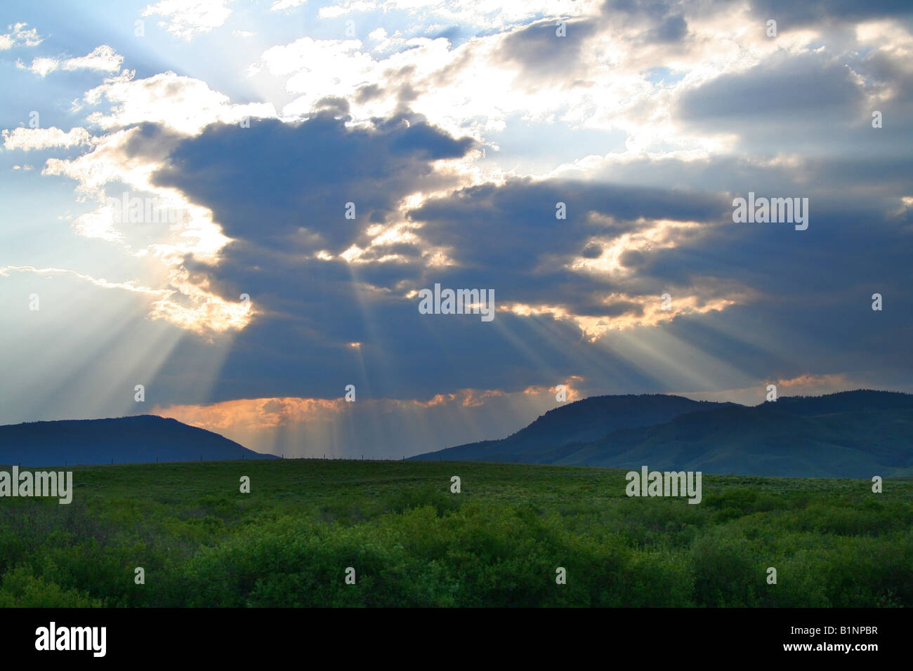 Rays of sunlight peaking through mauve sunset cloud scape Stock Photo ...
