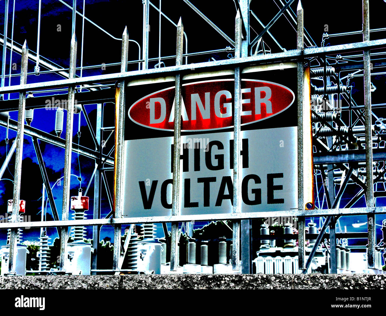 danger high voltage sign on gate of electric power station Stock Photo ...