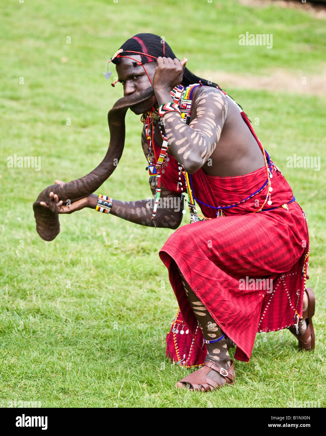 Bodypaint ethnic tribal horn play playing music hi-res stock ...