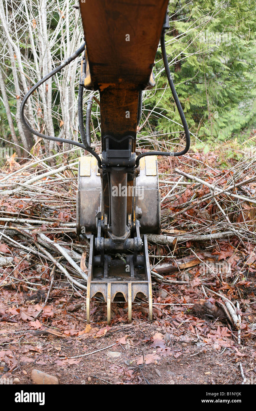 tractor arm reaching down to pick up tree branches and organic debris ...