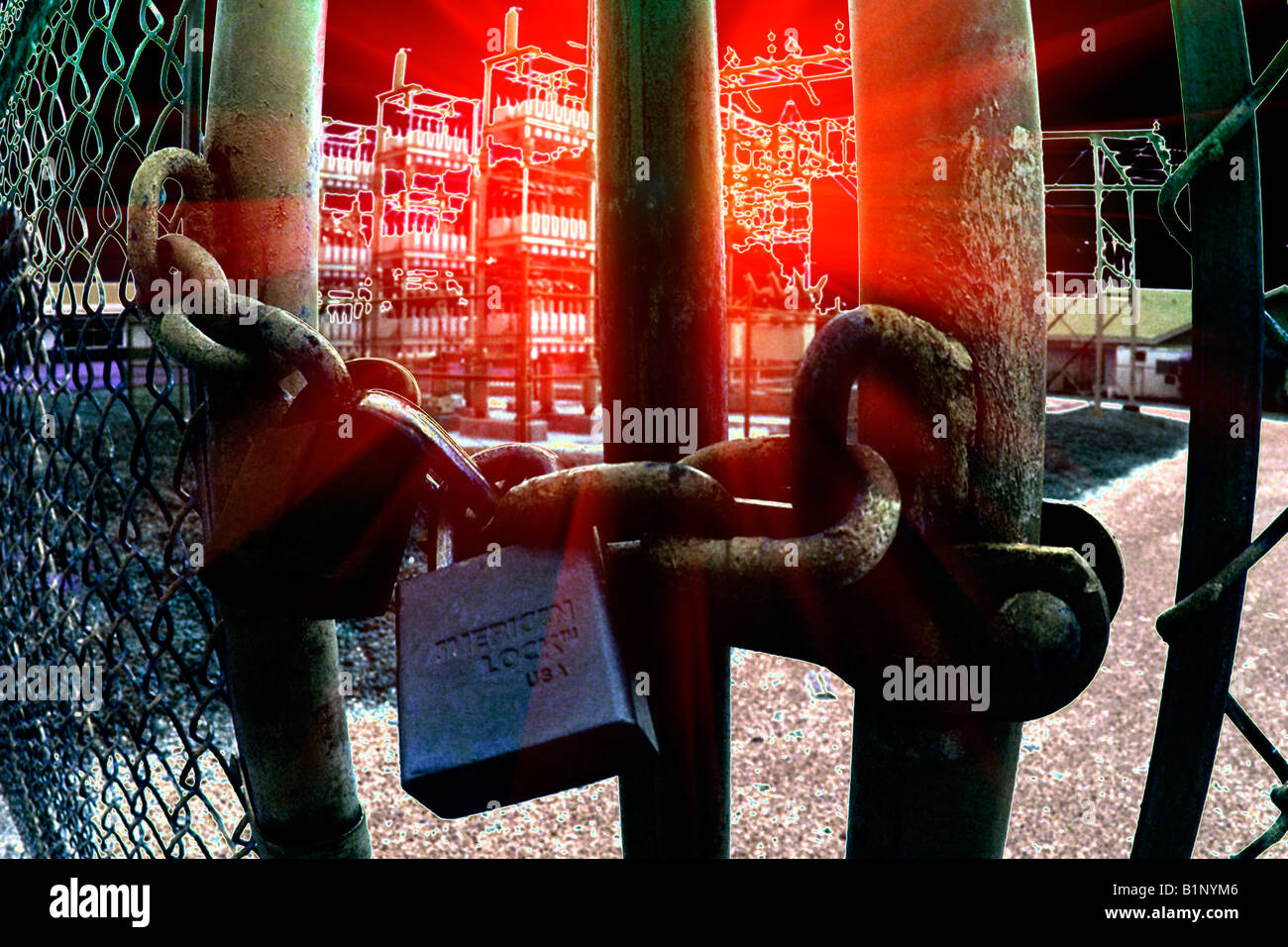 padlocked gate Electric power substation at night Stock Photo - Alamy