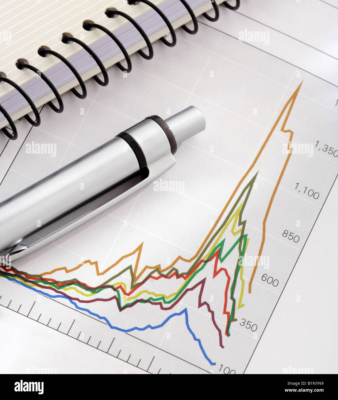 Still life of pen and notebook on graph Stock Photo - Alamy