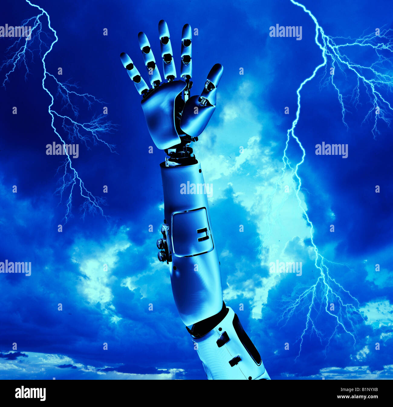 computer generated cyber arm reaching to stormy sky and lightning Stock ...