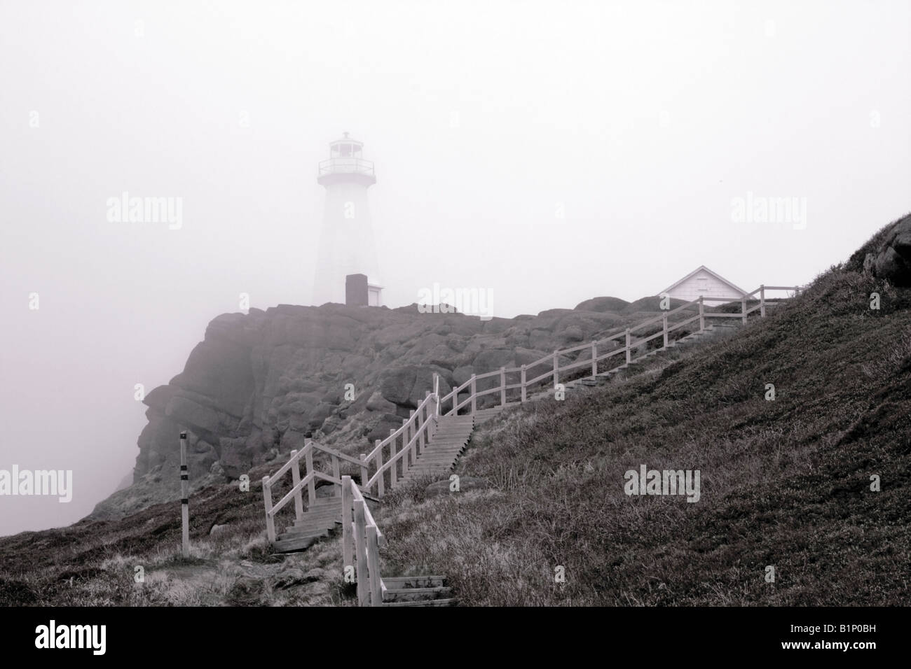Heavy fog rising from Atlantic Ocean and covering Cape Spear Lighthouse ...