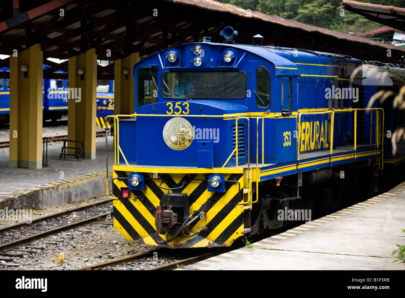 Perurail trains at Machu Picchu railway station in Peru in South ...