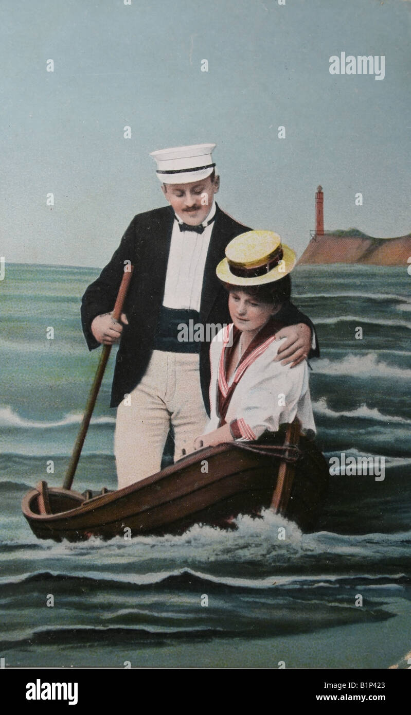 Nostalgic love lovers in fake rowingboat circa 1909 postcard Stock ...