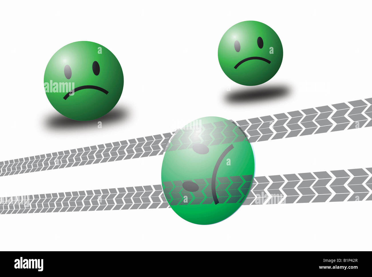 Tyre tracks across a flattened smiley while others look on Stock Photo ...