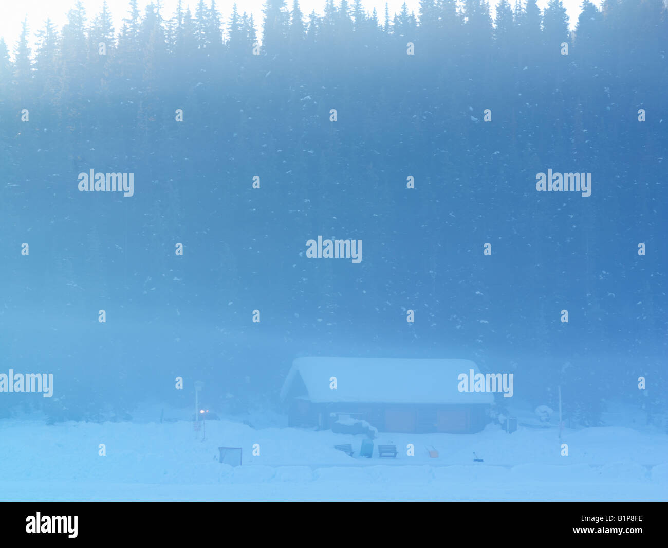 Canada Alberta Banff Banff National Park Lake Louise snowfall and cabin ...