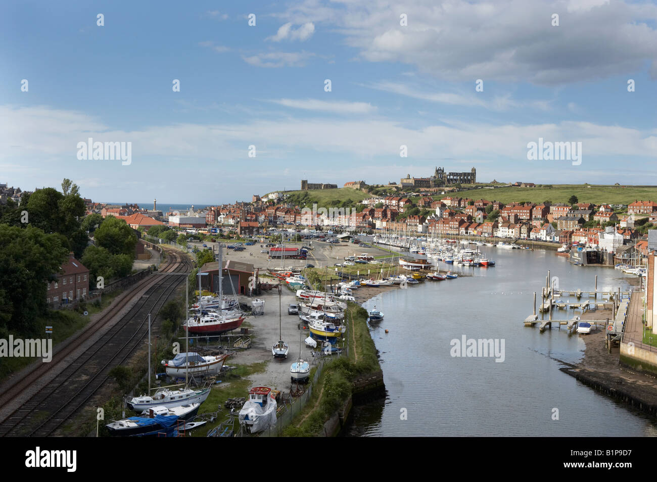 WHITBY FISHING VILLAGE RIVER ESK ESTUARY PORT HARBOUR RAILWAY BOAT ...