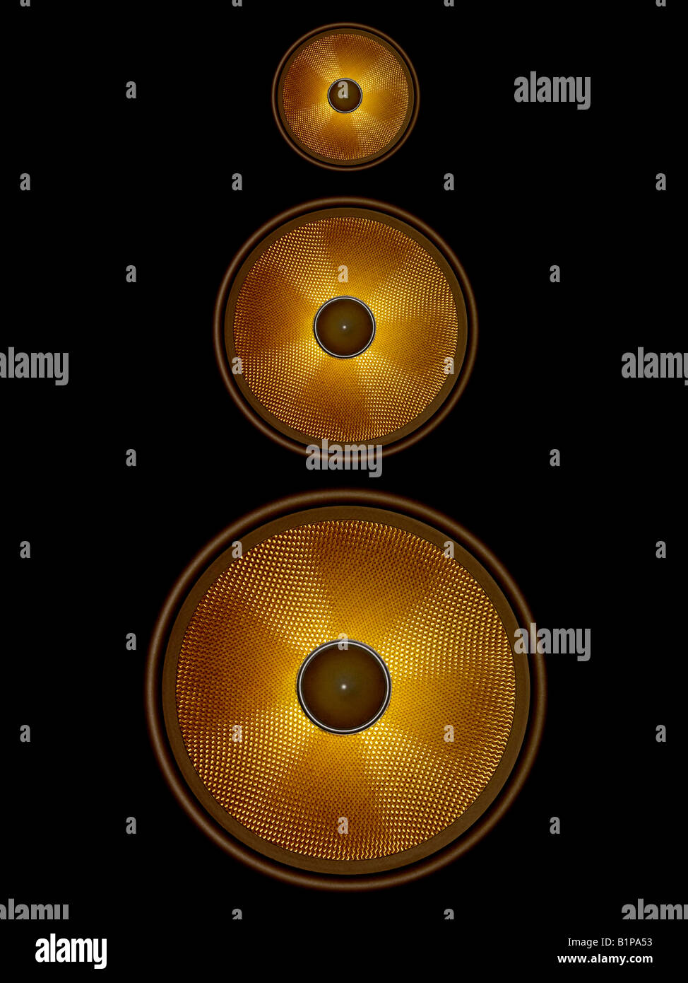 Three Gold Kevlar speaker cones Stock Photo - Alamy