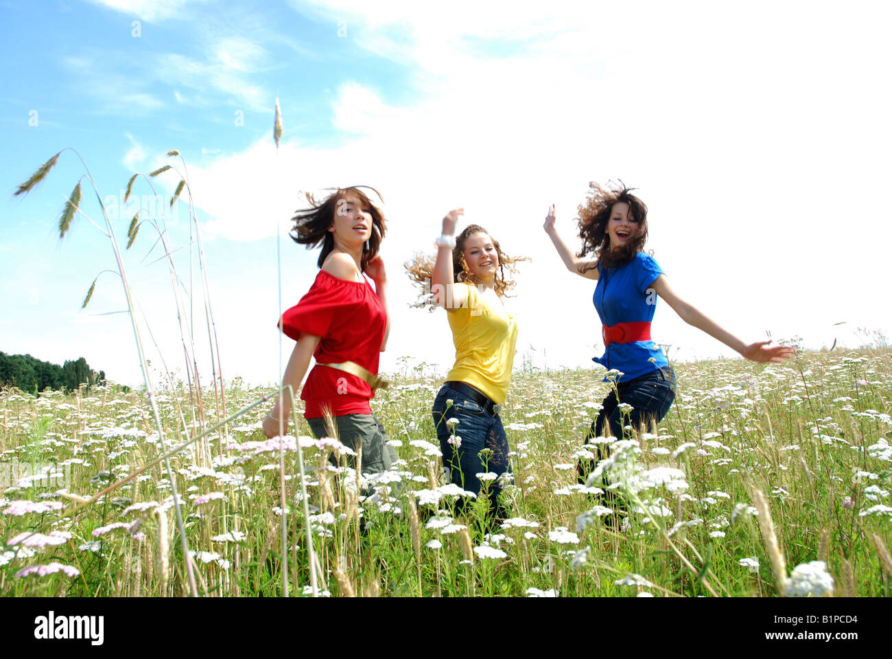 three young teenage girls in field Stock Photo - Alamy