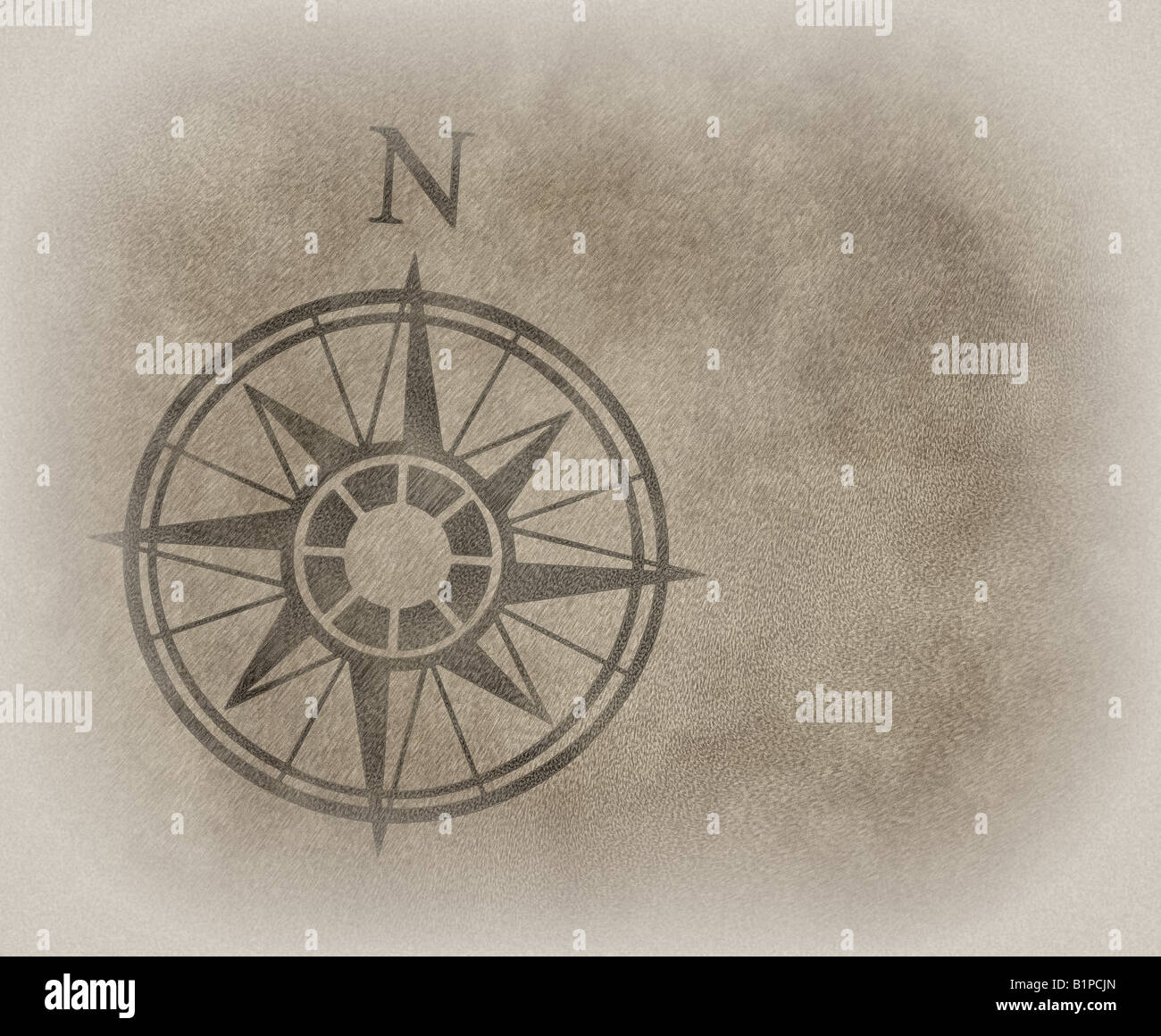 great north arrow and compass on old parchment map with copy space ...