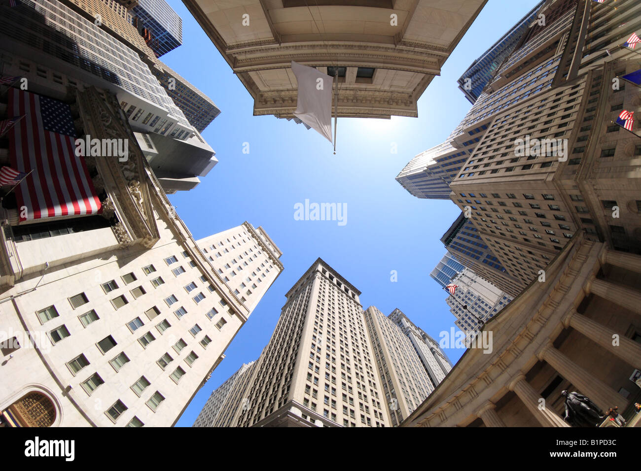 Fisheye view of Wall Street buildings - New York City, USA Stock Photo ...
