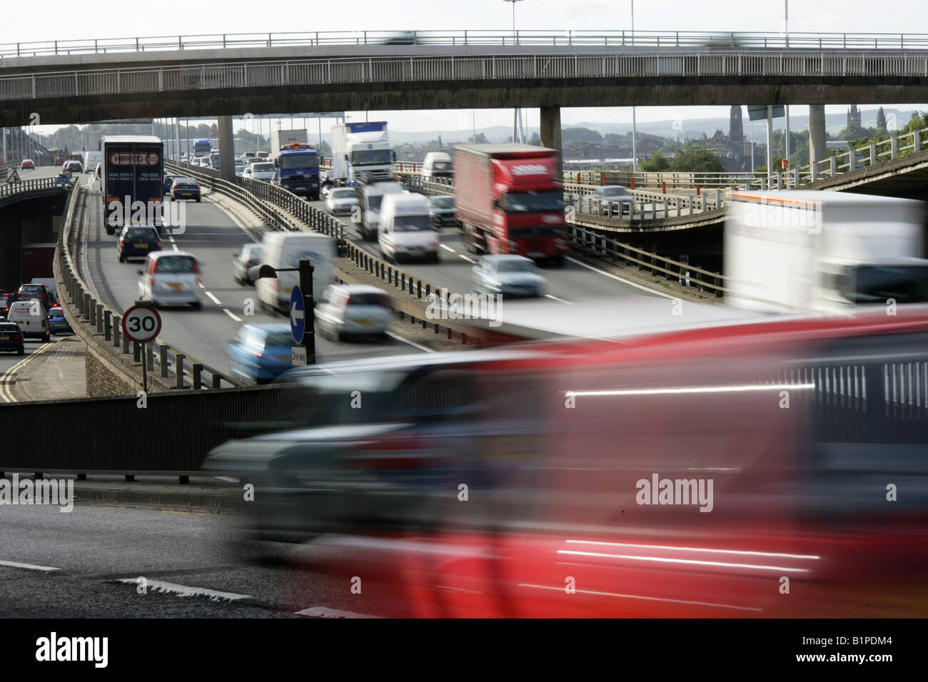 City of Glasgow, Scotland. Moving traffic on the M8 motorway junction ...