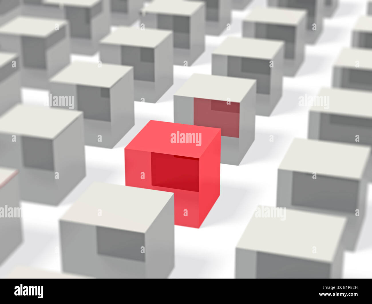 One red cube between many rows of silver cubes Stock Photo - Alamy