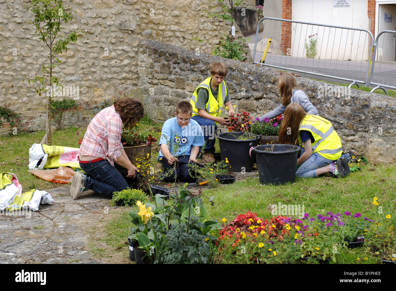 High school students planting flowers in round wooden pots at a ...
