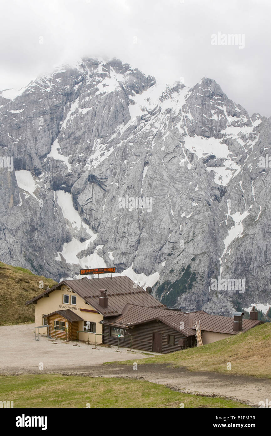 The Refugio Fredarola above the Pordoi Pass near Arabba in the Italian ...