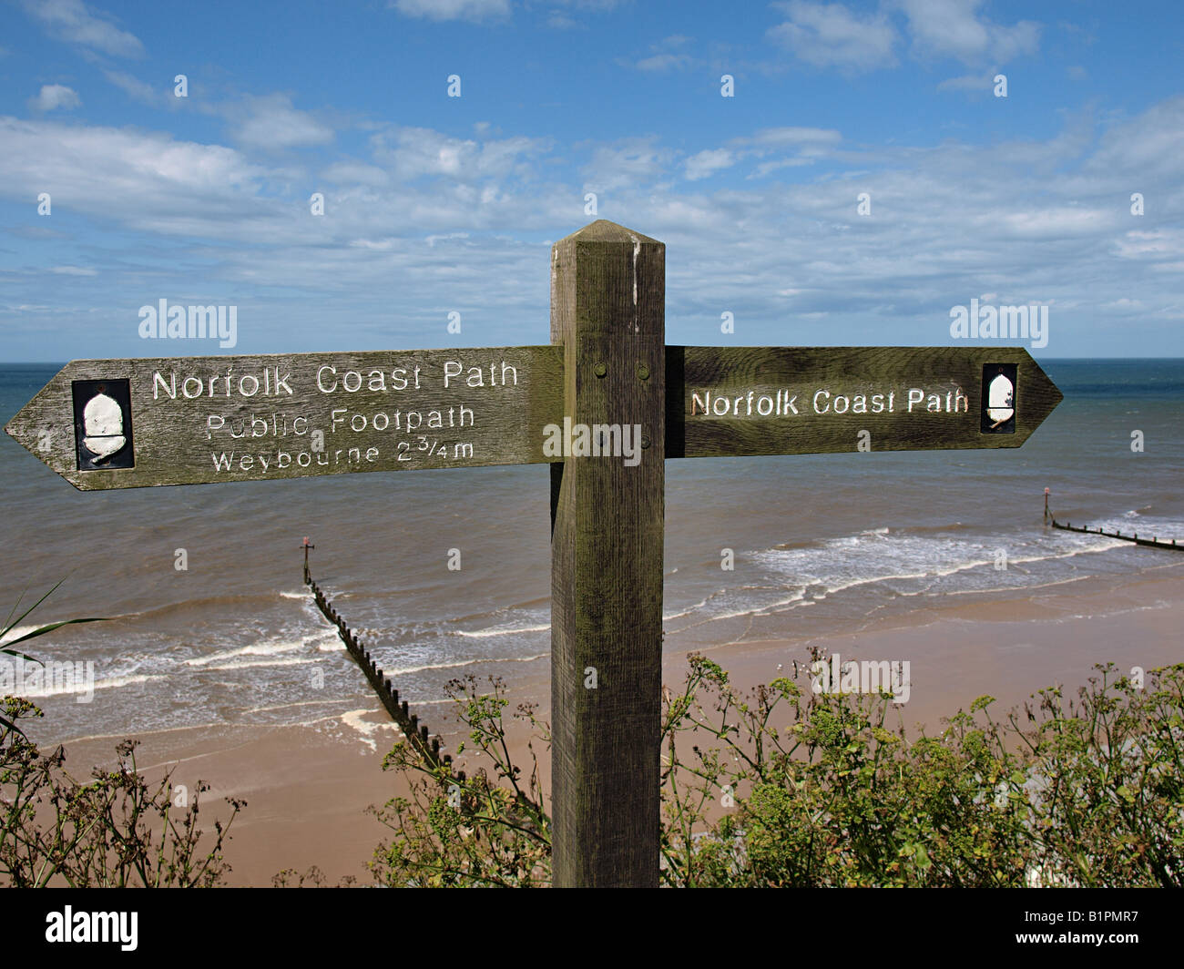 WOODEN FINGER POST SHOWING DIRECTION OF NORFOLK COAST PATH AT ...