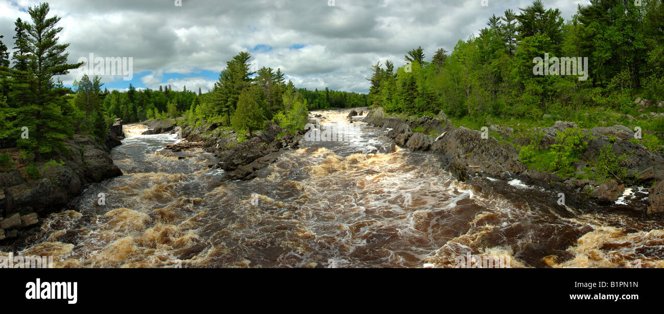 St Louis Rapids from rope bridge very green sunny muddy water river ...