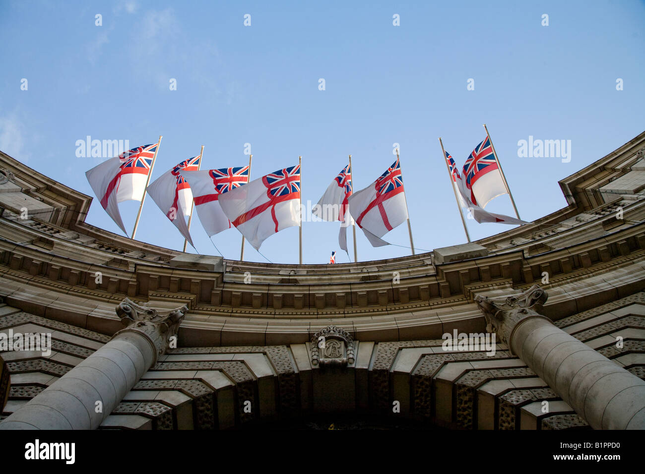 White Ensigns, the flag of the Royal Navy, flying from the southwest ...