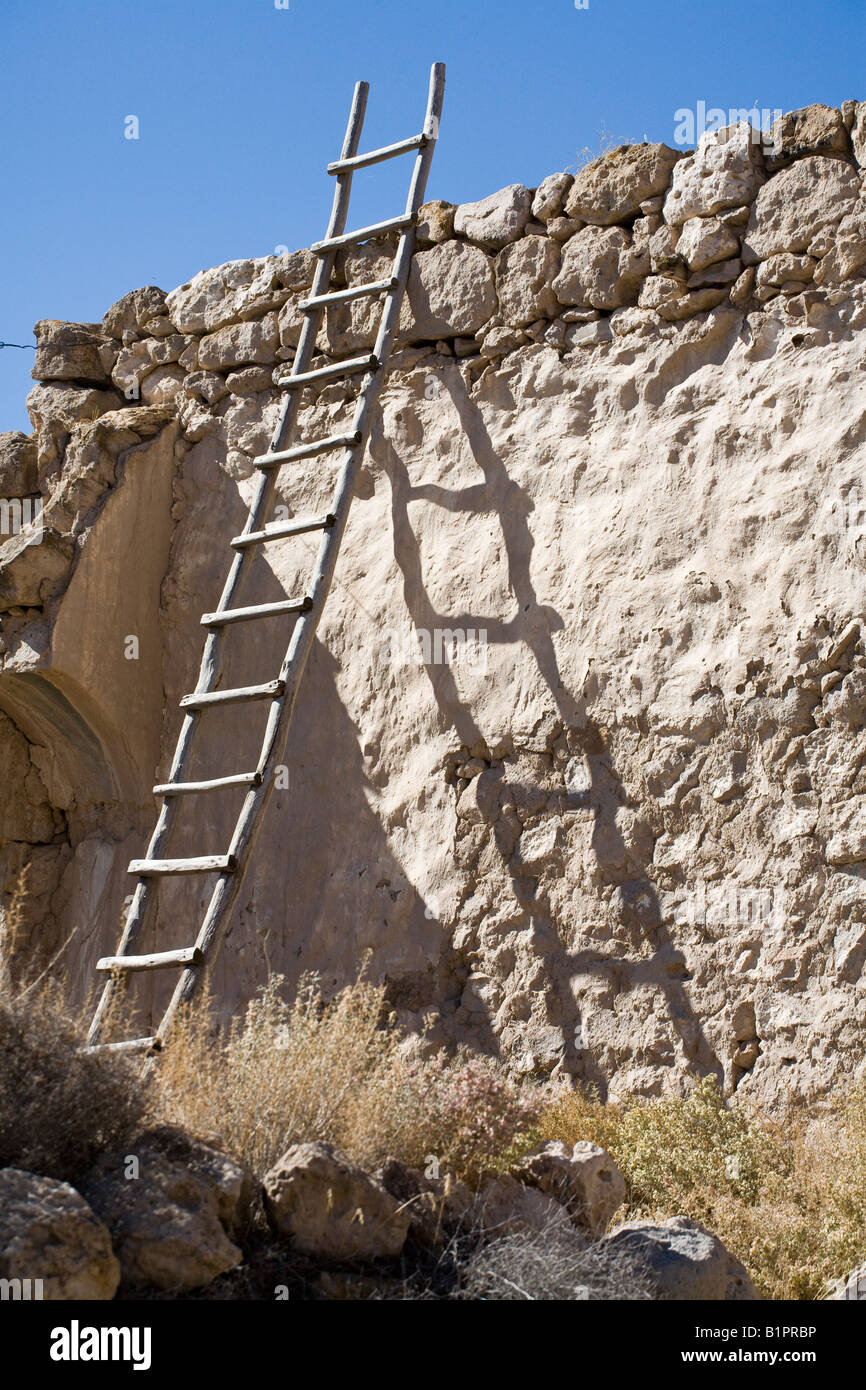 Ladder and Wall. A roughly constructed wooden ladder leaned against a ...