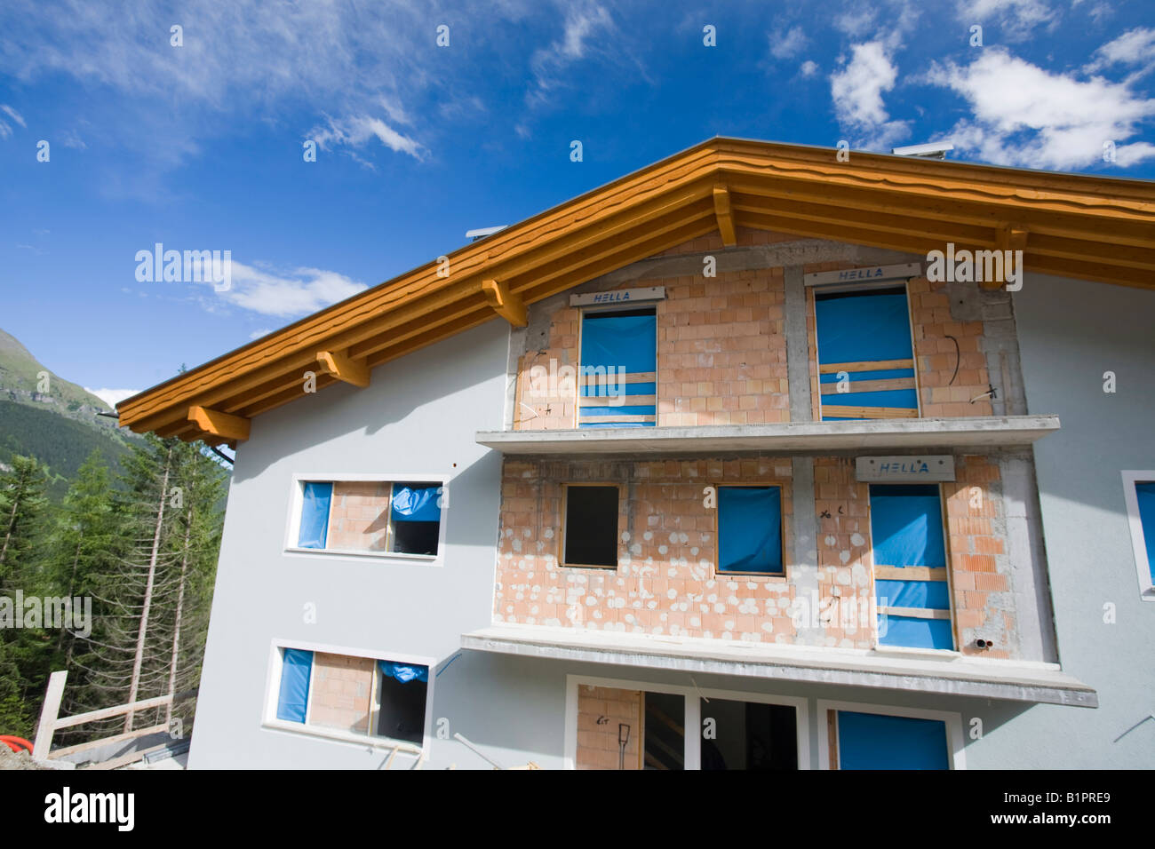 Building new ski chalets near Arabba in the Italian Dolomites Stock ...