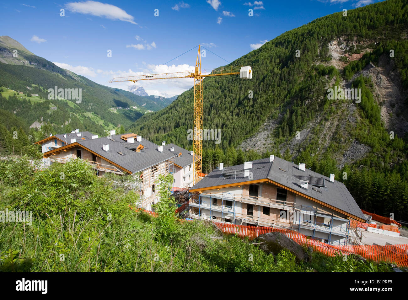 Building new ski chalets near Arabba in the Italian Dolomites Stock ...
