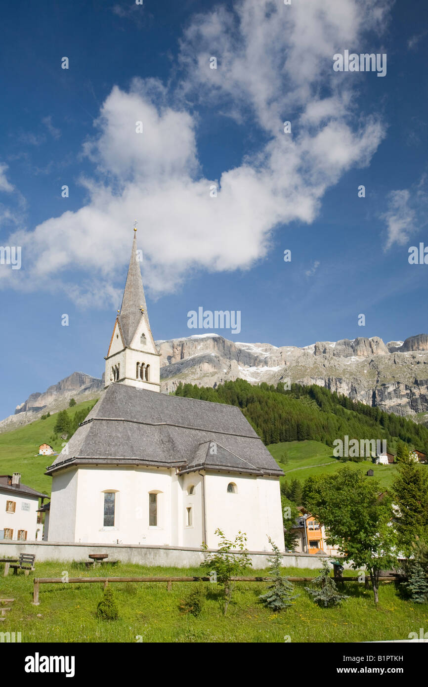 Arabba church and the sella mountains of the Italian Dolomites Stock ...