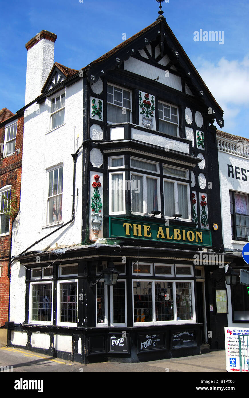 Decorative facade of The Albion Arms, High Street, Epsom, Surrey ...