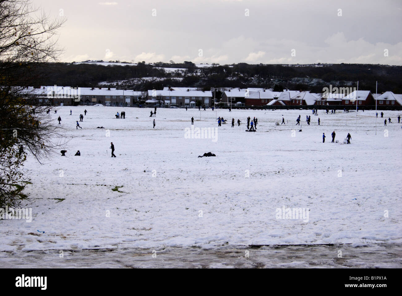 Schoolchildren Playing on School Field in Snow, Olchfa Comprehensive ...