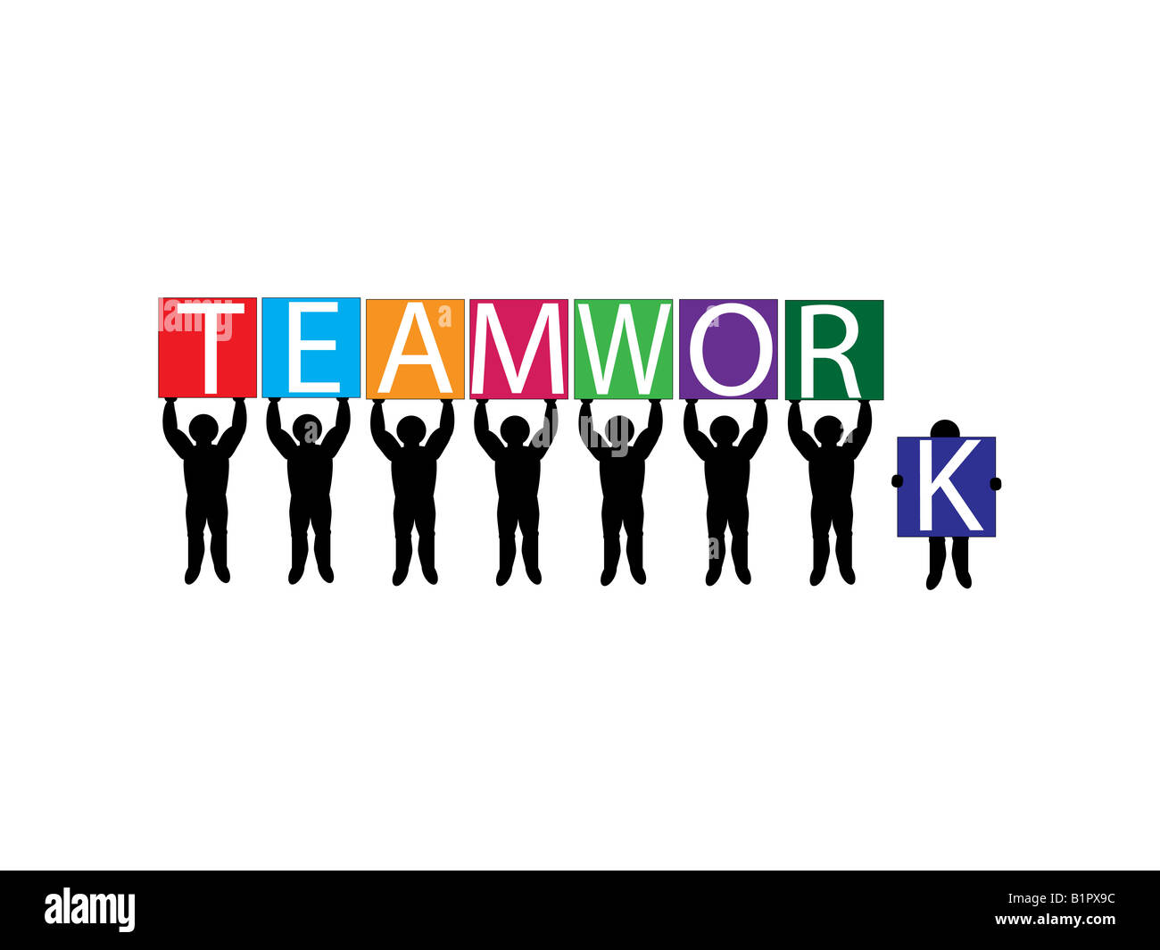 Illustration of team holding up letter placards Stock Photo - Alamy