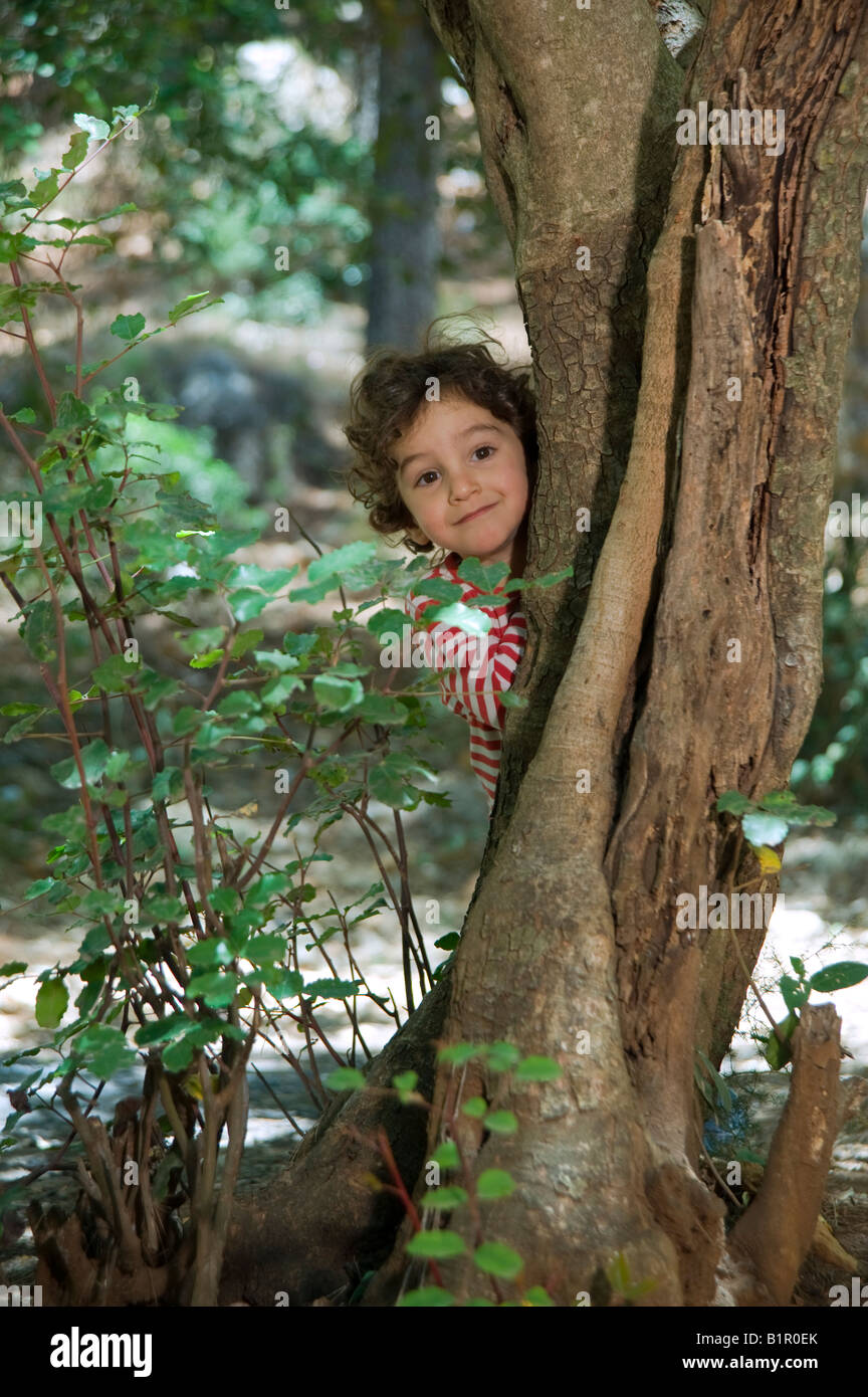 young boy hiding behind a tree in the forest Stock Photo - Alamy