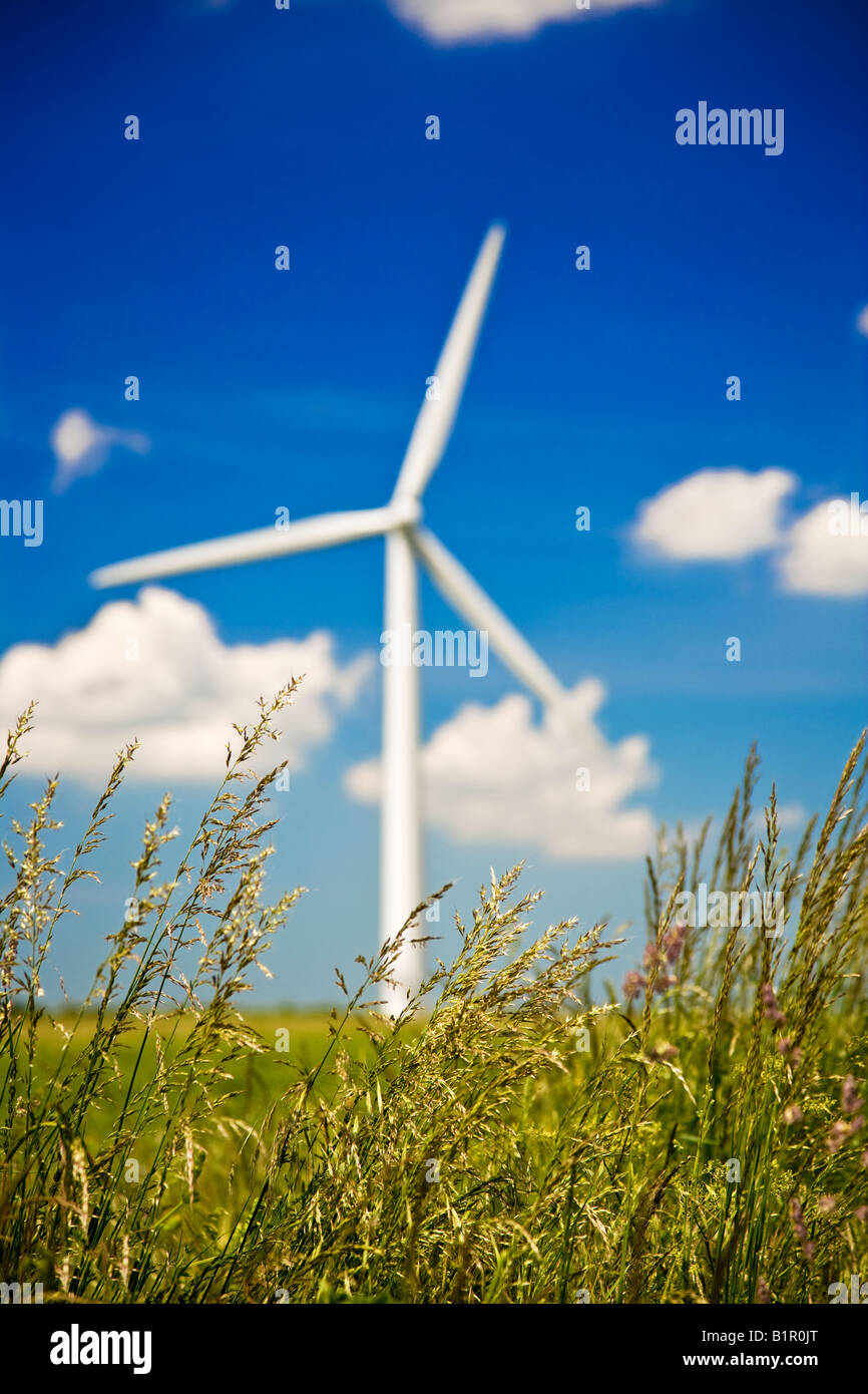 Single wind turbine against a summer blue sky with flufffy white clouds ...