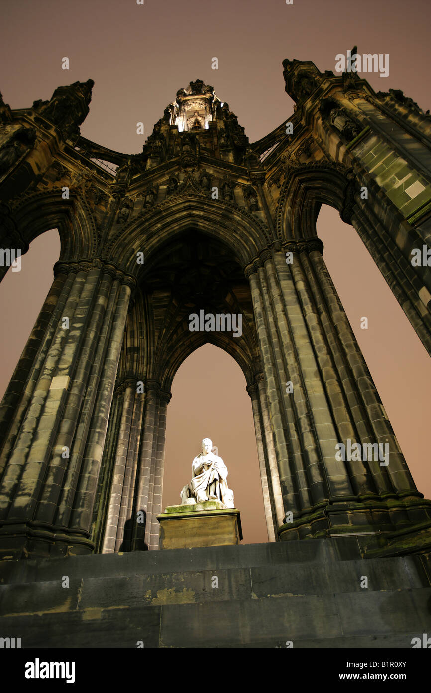 City of Edinburgh, Scotland. Night view of the Scott Monument which is ...