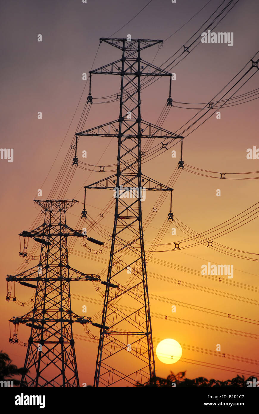power pylons in sunset Stock Photo - Alamy