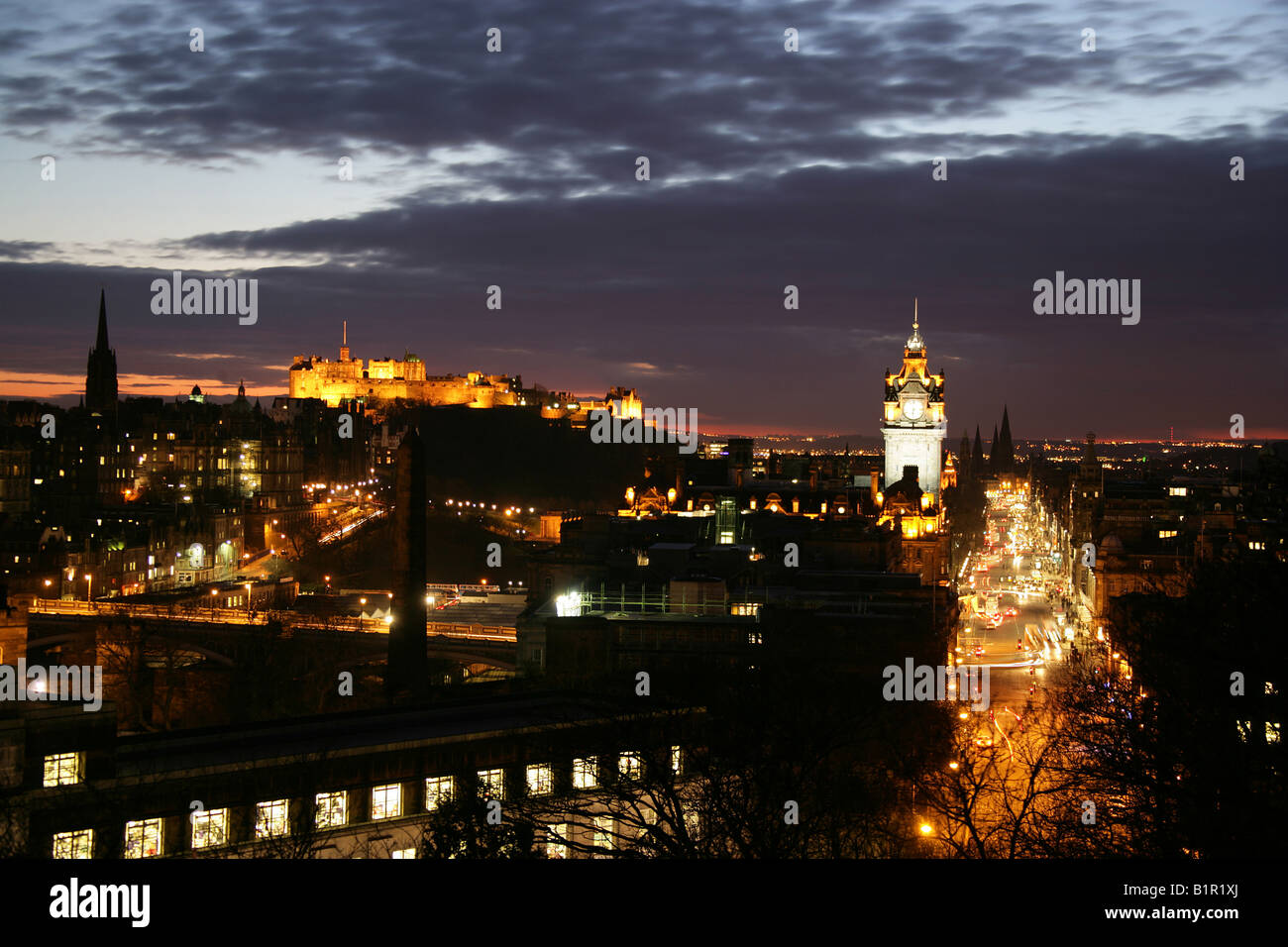 City of Edinburgh, Scotland. Sunset view of the Balmoral Hotel clock ...