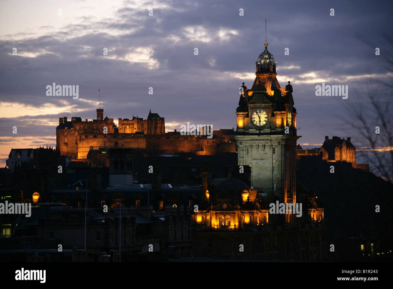 City of Edinburgh, Scotland. Night view of the Balmoral Hotel clock ...