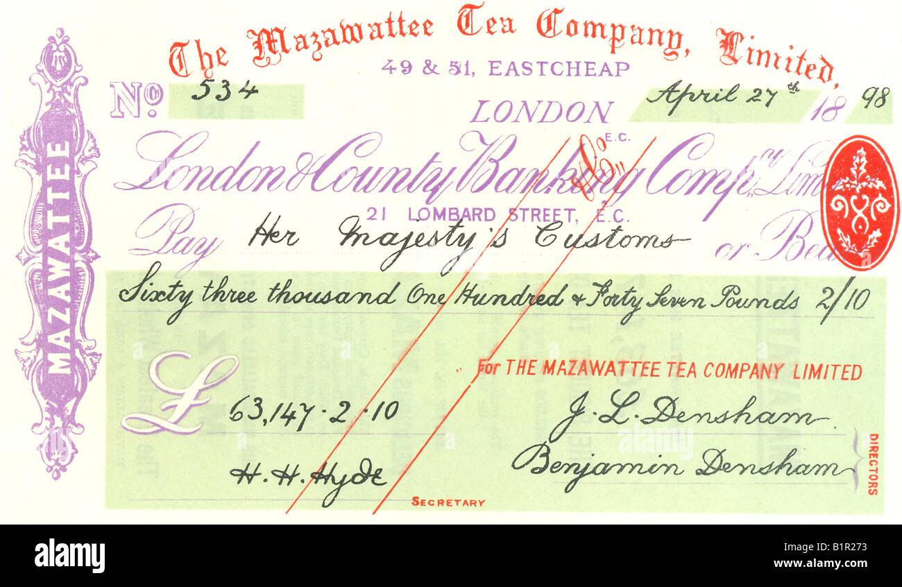 Victorian mock cheque as advertising for Mazawattee Tea 1898 Stock ...