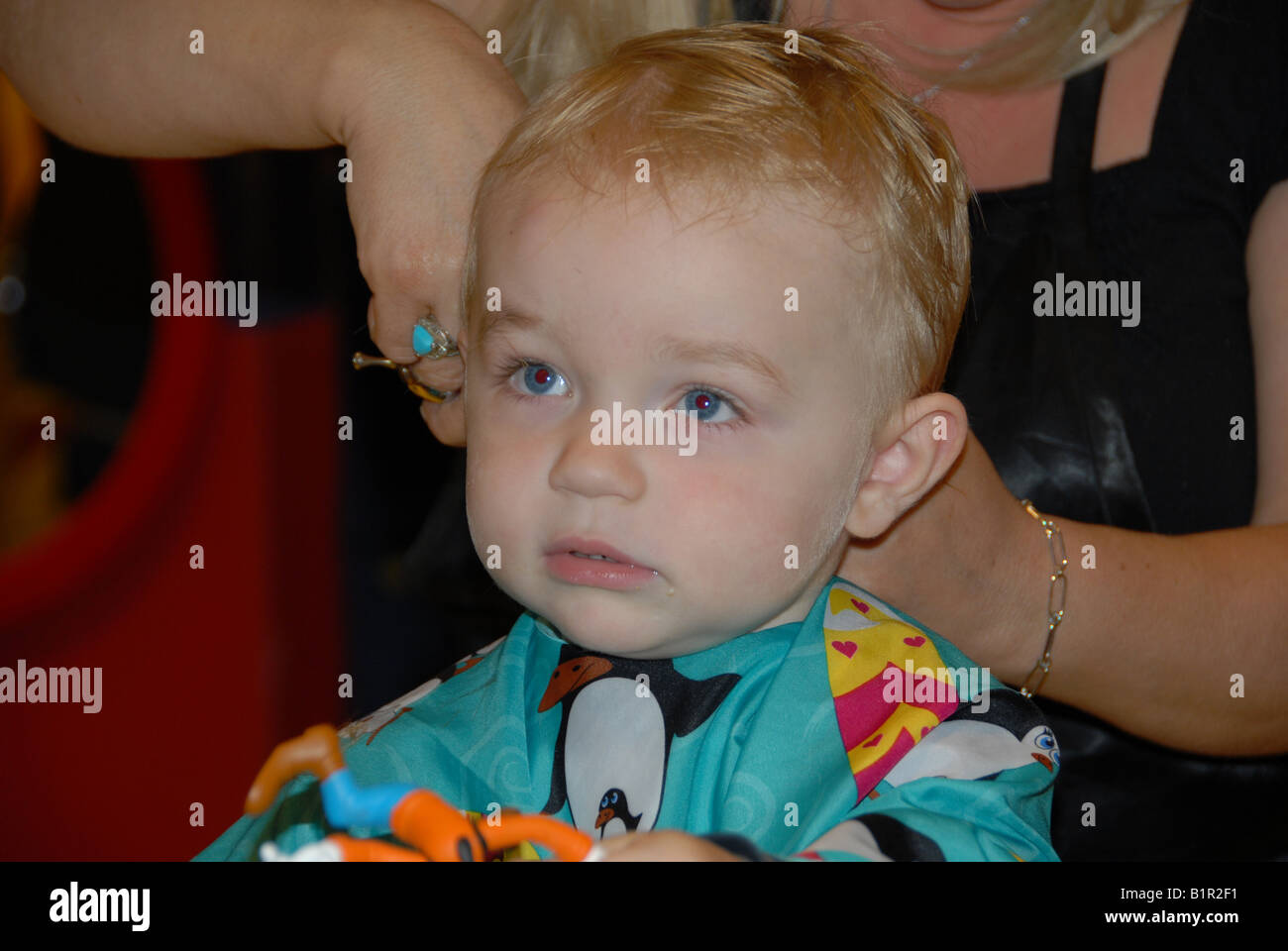 A toddler gets ready for his first hair cut at a children's salon Stock ...