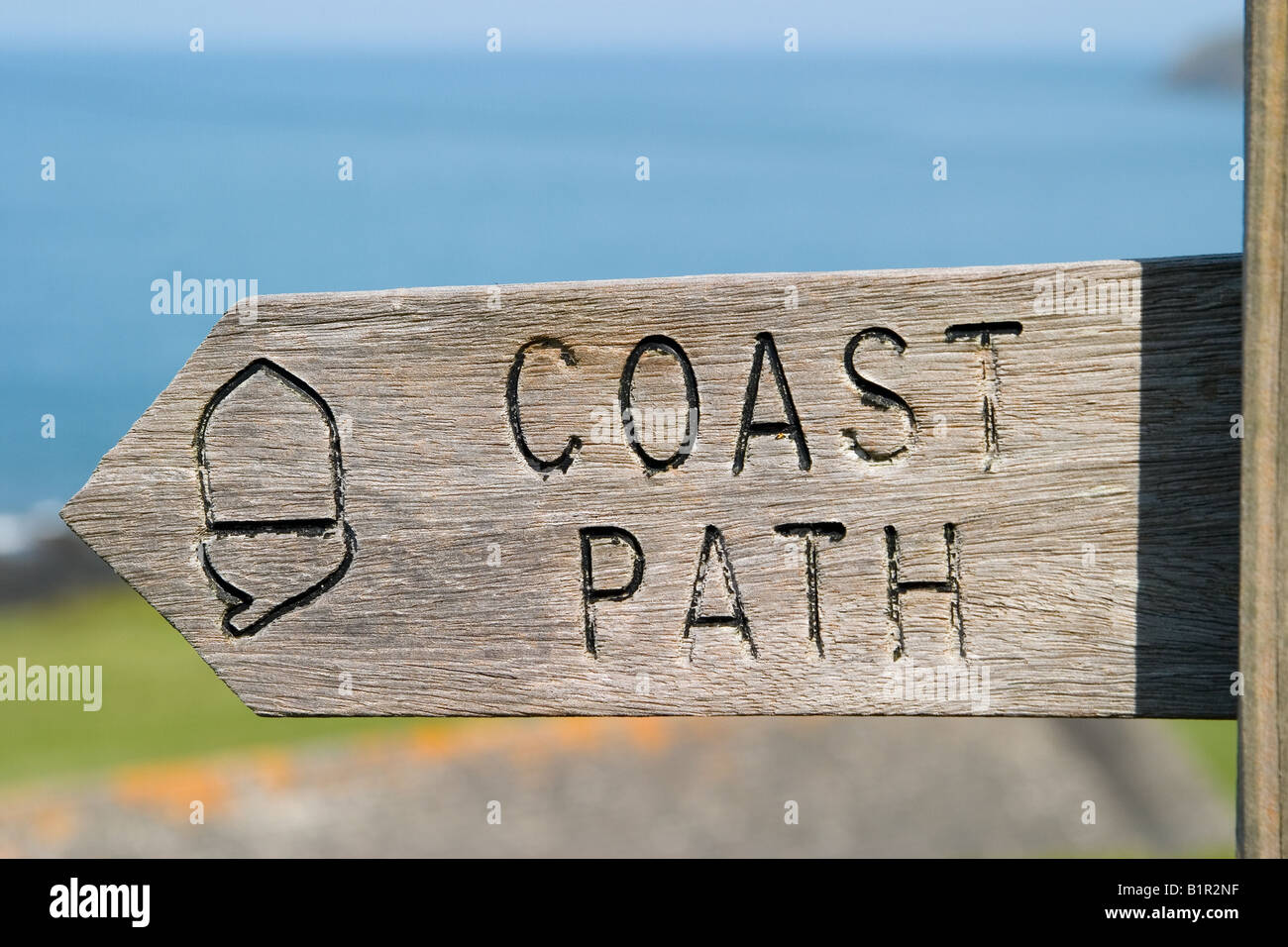 Signpost (with acorn symbol) of the South West Coast Path National ...