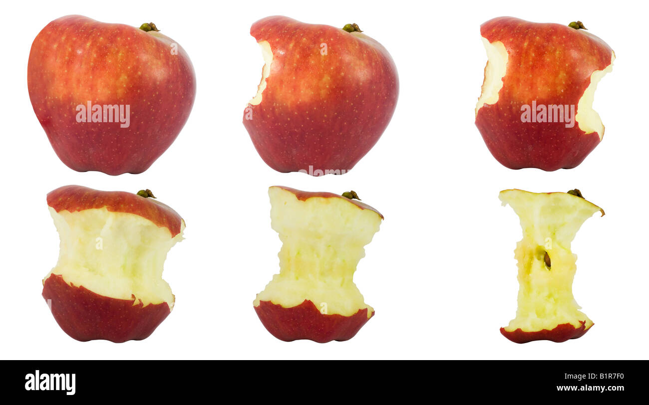 Sequence of an apple being eaten isolated on white background Stock ...