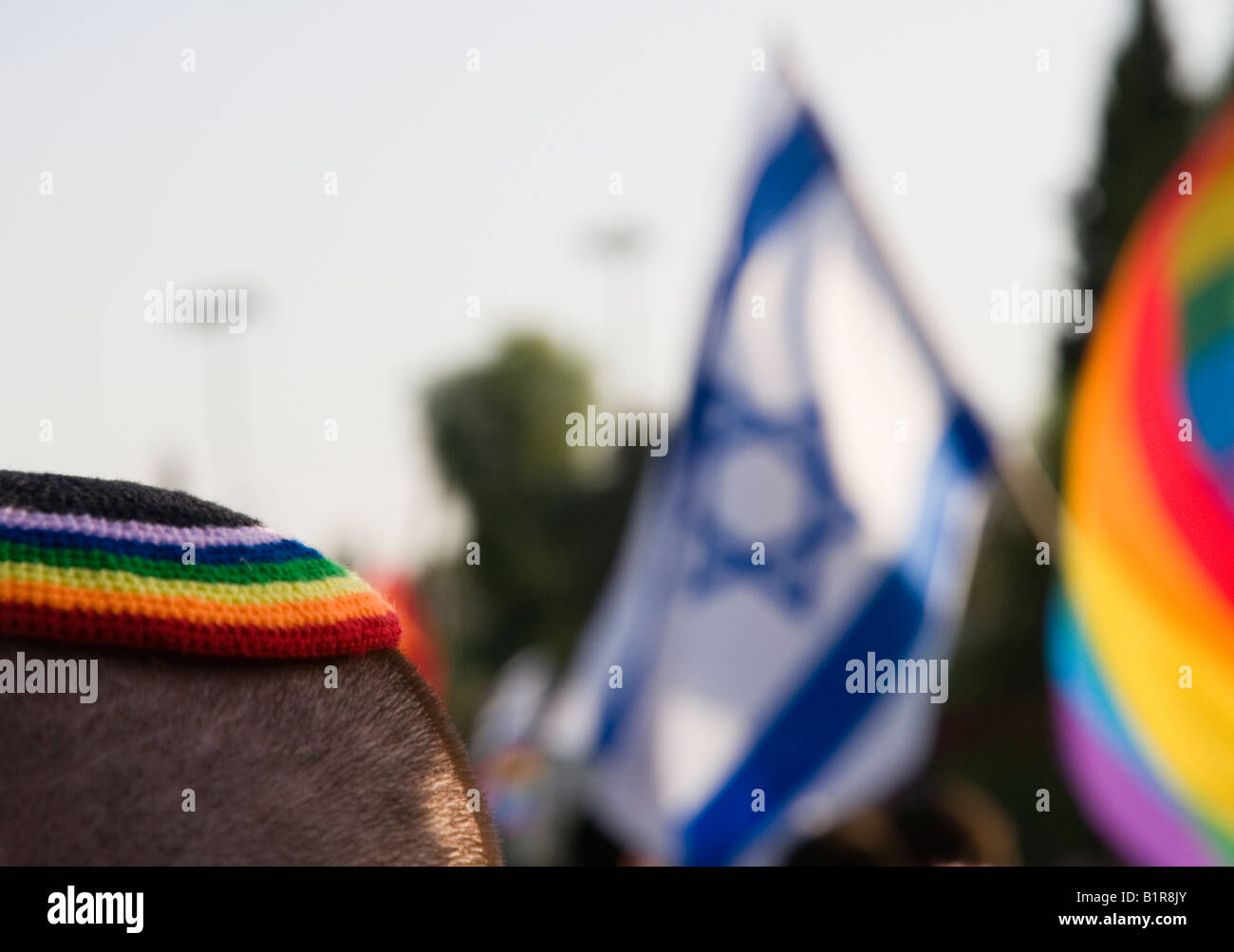 Israel Jerusalem Gay Parade 26 6 08 close up of skull cap on shaven ...