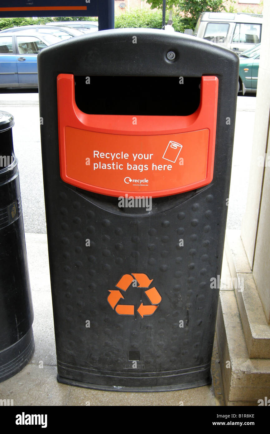A Recycling dustbin for plastic bags at the supermarket Stock Photo - Alamy