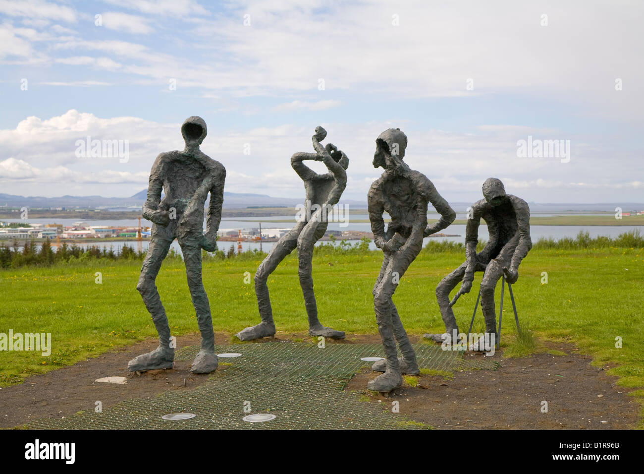 four statues of people playing music without instruments outside of the ...
