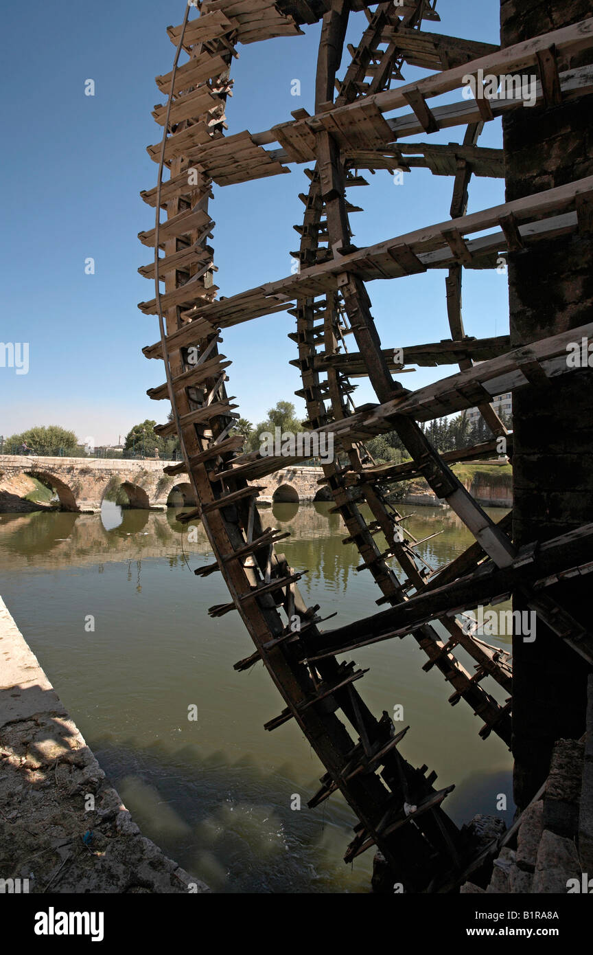 Hama Syria Noria irrigation wooden waterwheel on the Orontes river ...